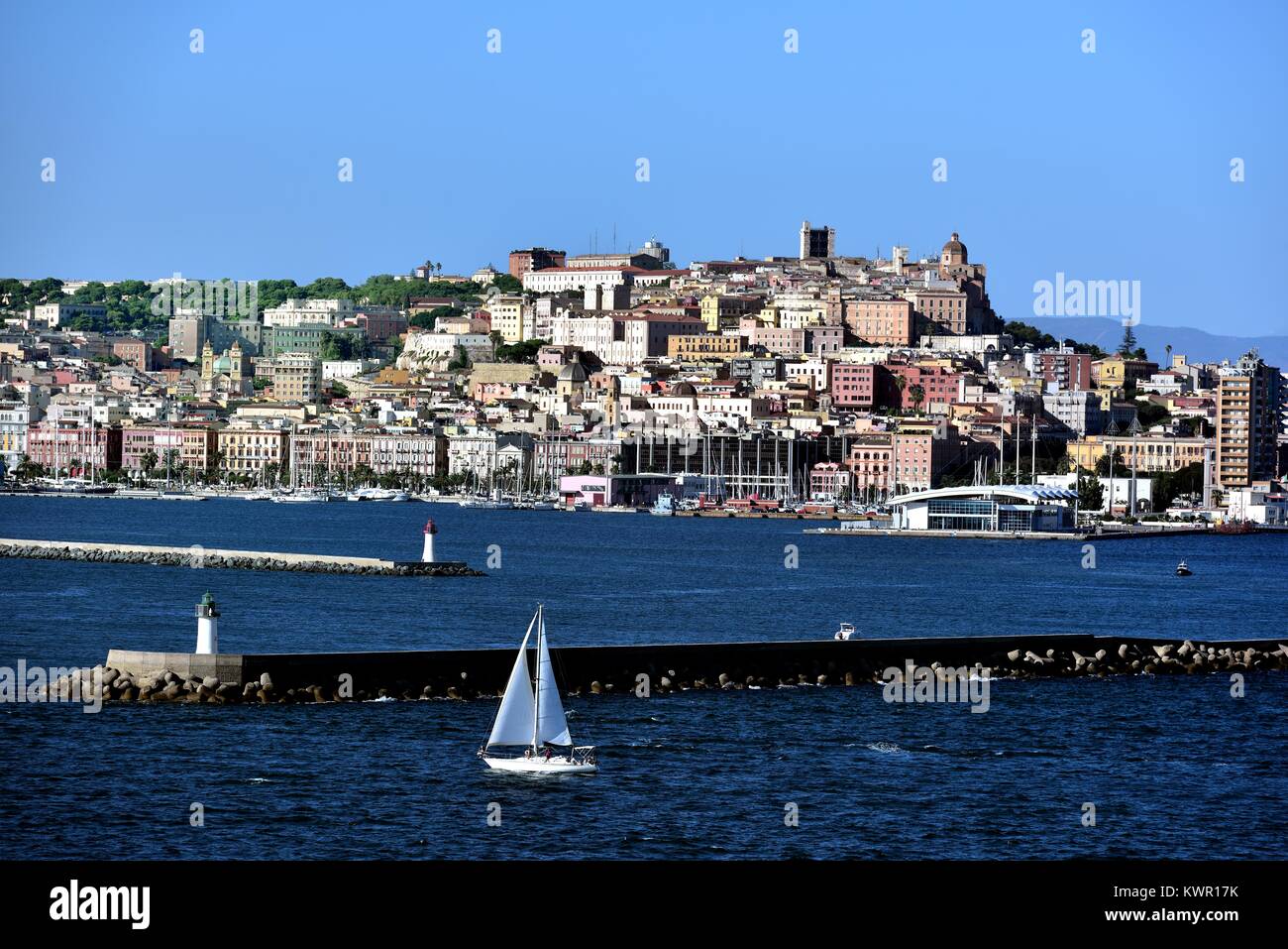 Yacht sailing into the port of Cagliari, Italy in September 2017 Stock ...