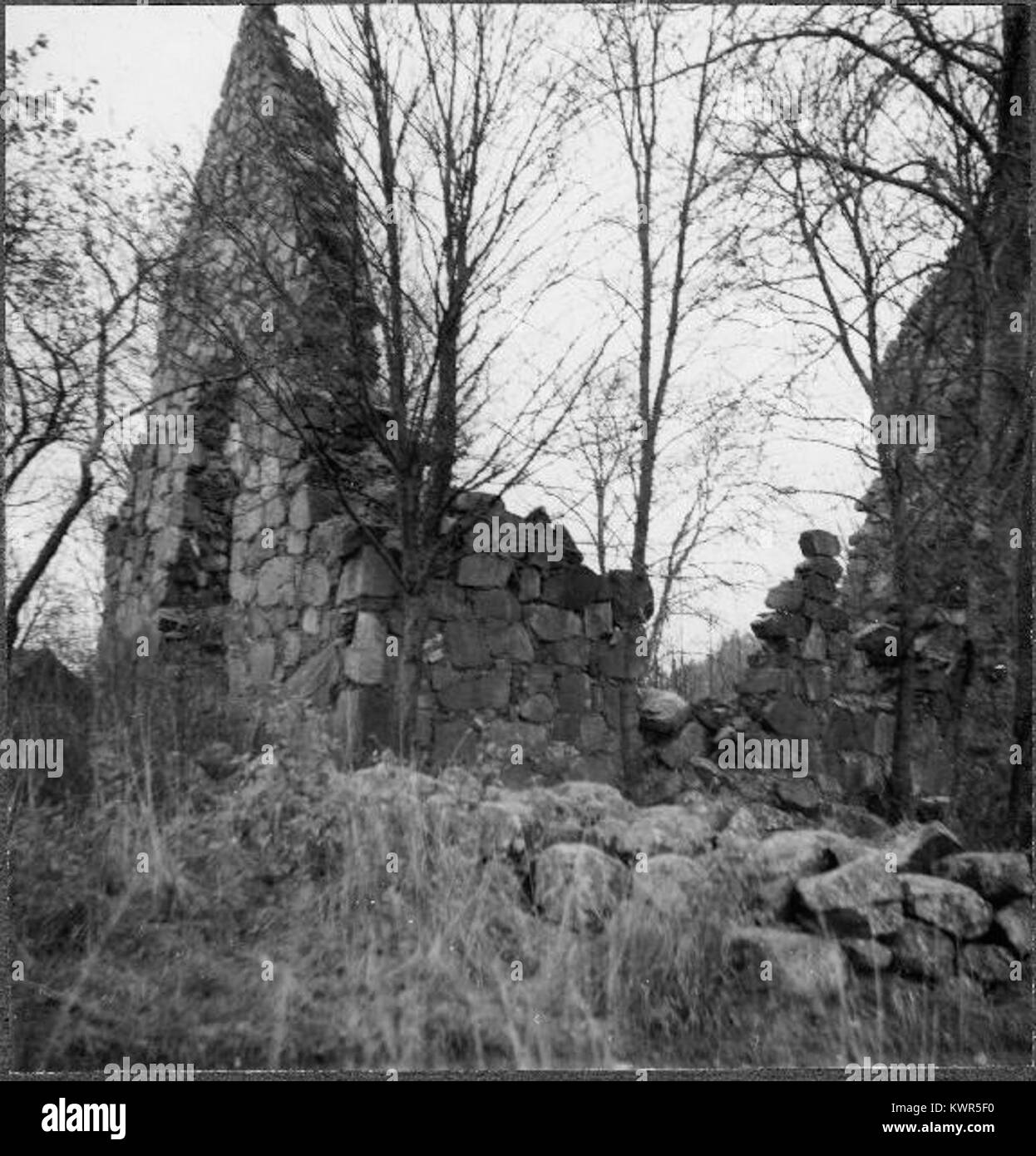 This photograph shows the Säby-Garn Church ruins in Sweden, an ...
