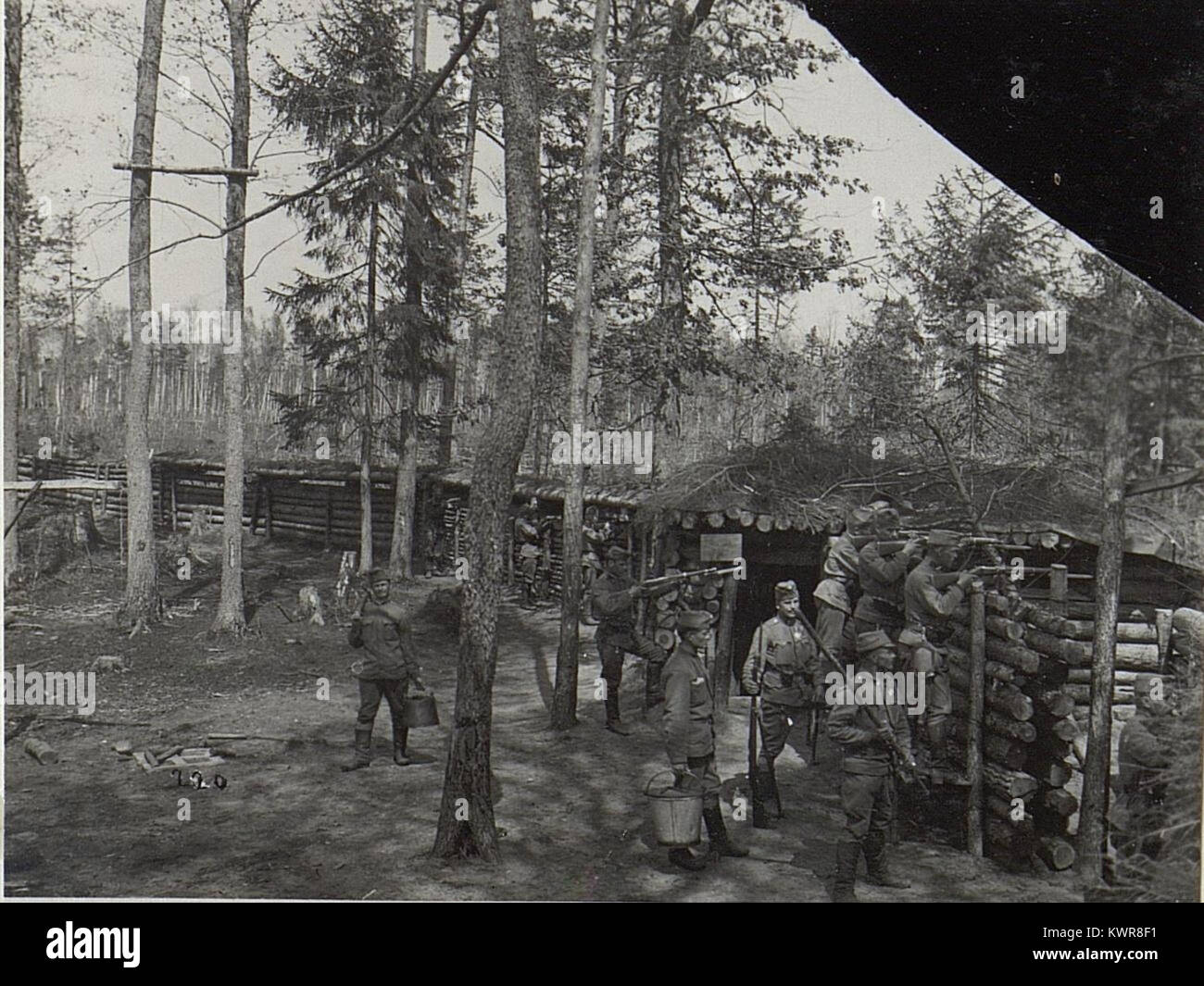 A historical photograph showing the infantry position in the first line ...