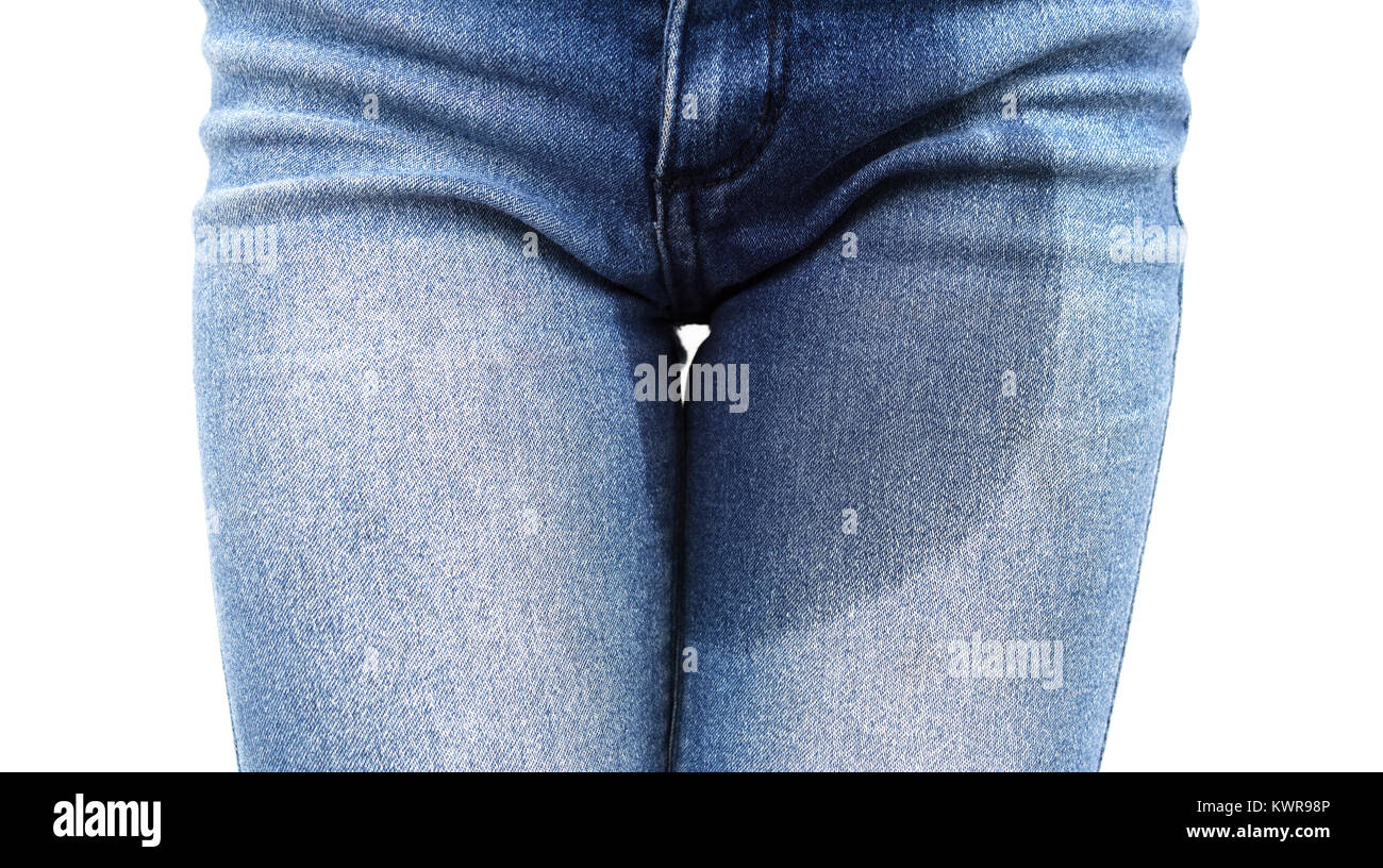 Blue denim jean pants with urine stain on white background Stock Photo ...