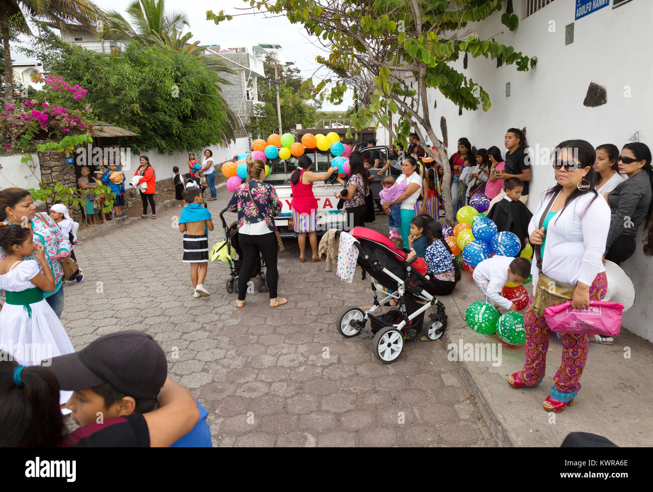 Santa Cruz island Galapagos - people in a colourful street carnival ...