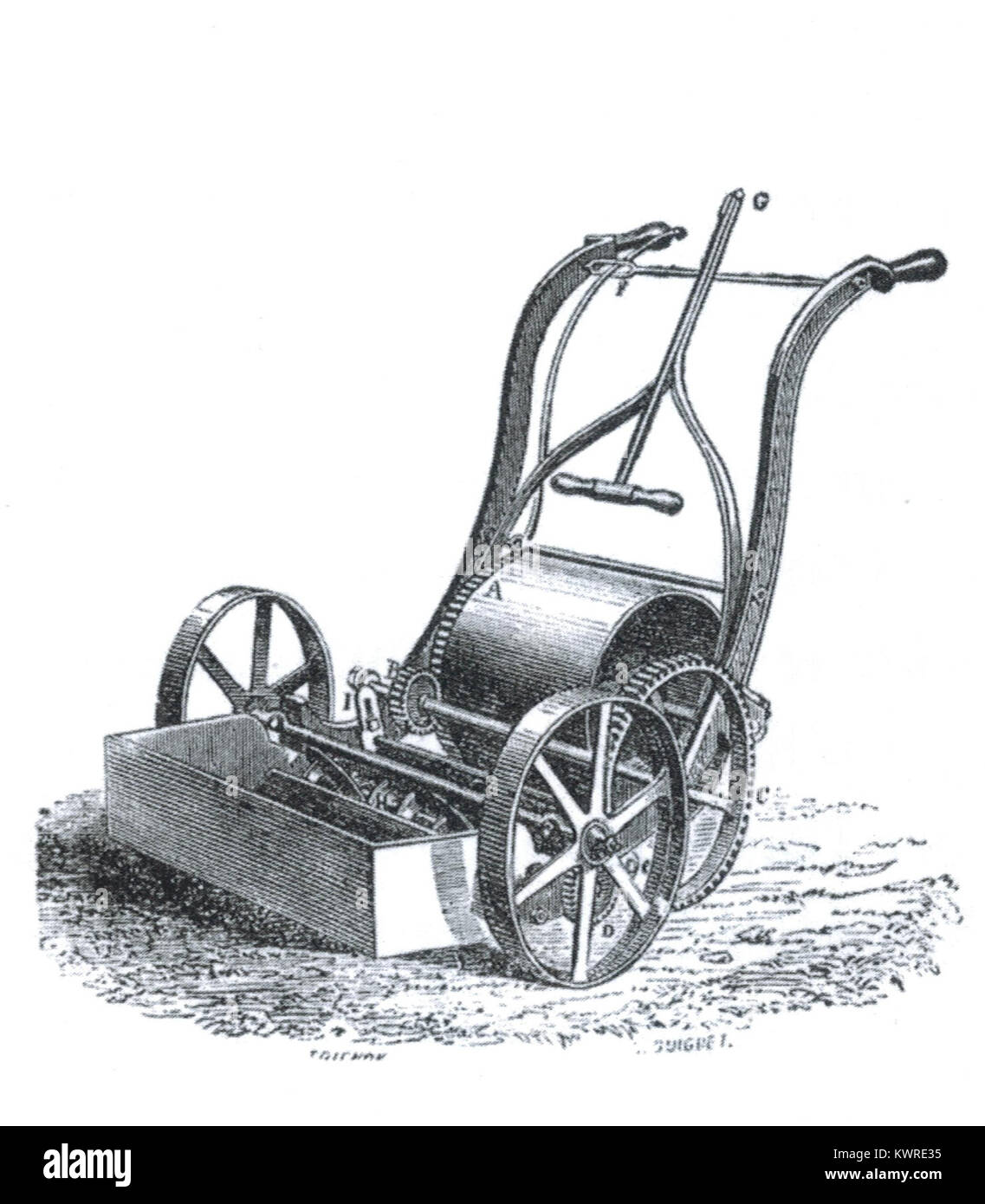 A photograph or illustration of the Archimedian lawn mower from 1857 ...