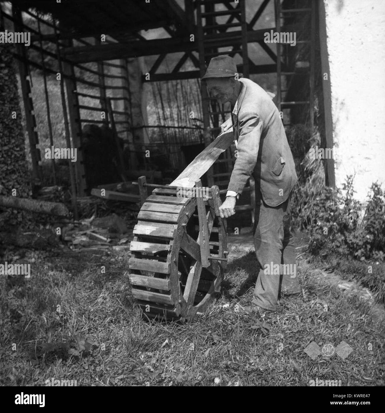 A historical image from 1954 showing Joze Raspet demonstrating the ...