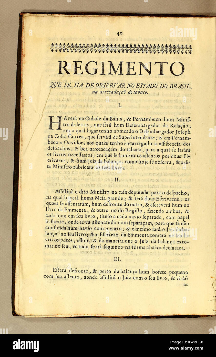 An image from the 'Regimento da Junta da Administração do Tabaco,' a ...