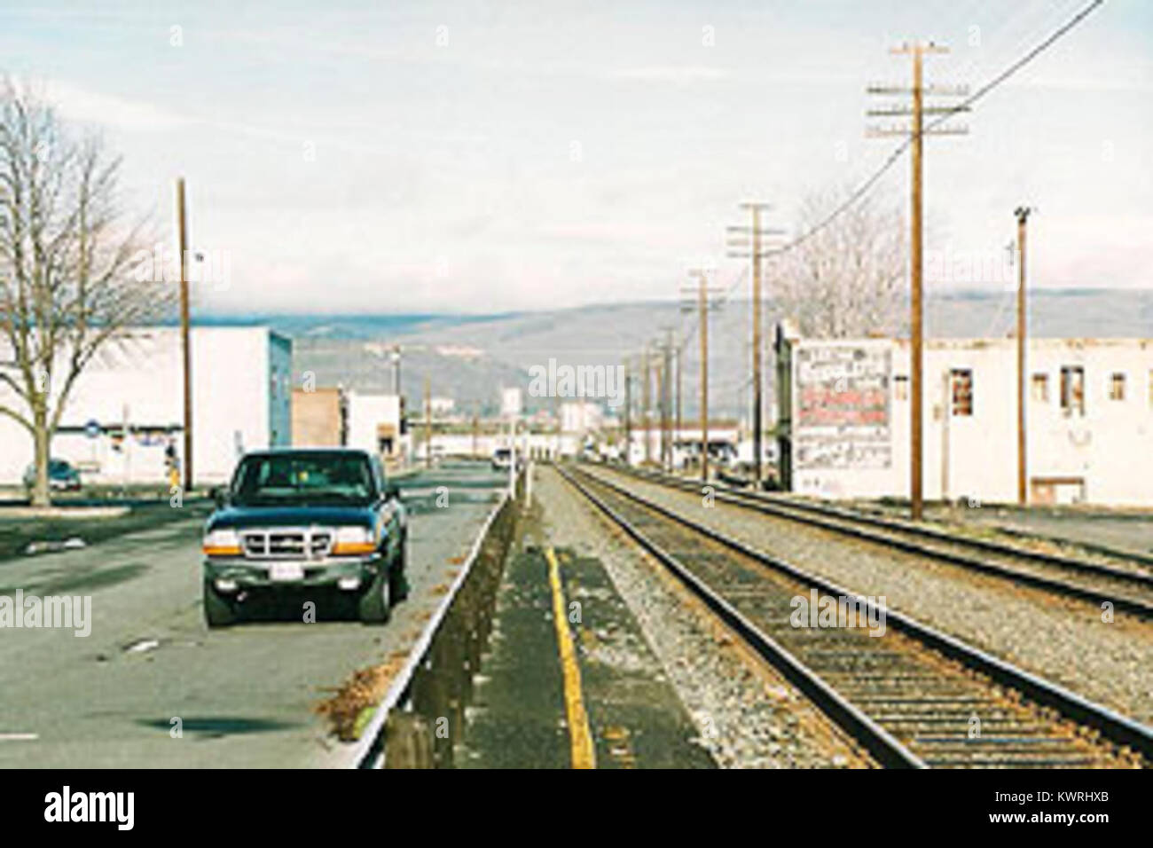 This image shows the remaining passenger platform at The Dalles station in Oregon, taken in ...