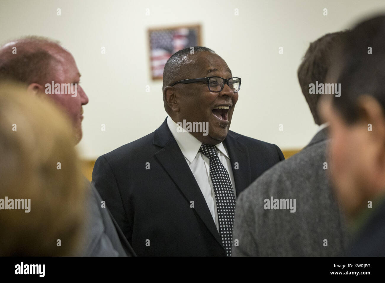 East Moline, Iowa, USA. 1st May, 2017. Mayor Reggie Freeman laughs ...