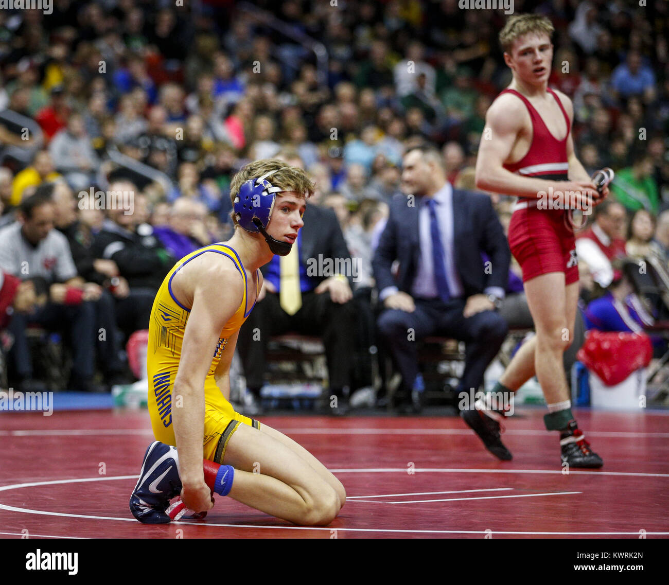 Des Moines, Iowa, USA. 18th Feb, 2017. Wapello's Devon Meeker reacts ...
