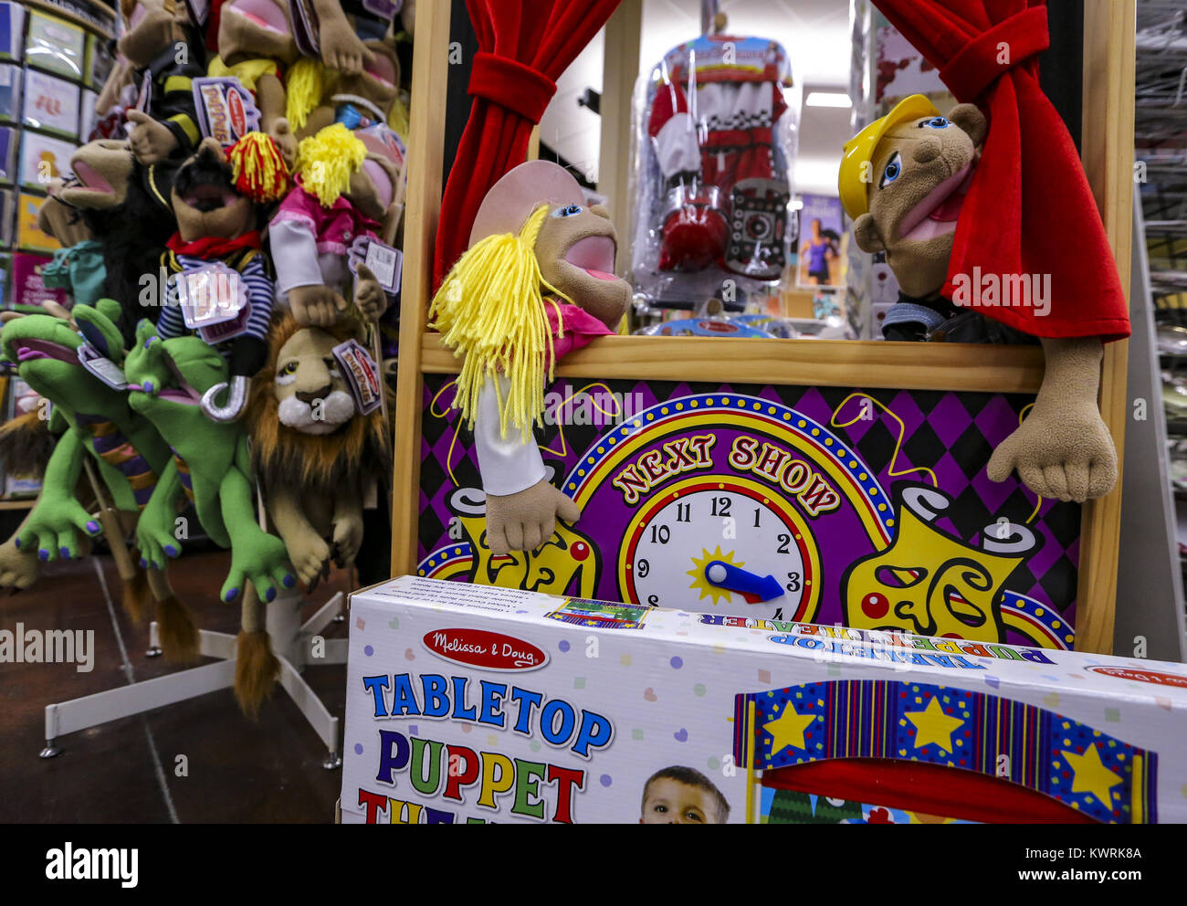 Bettendorf, Iowa, USA. 30th Jan, 2017. A puppet theater and rack of ...