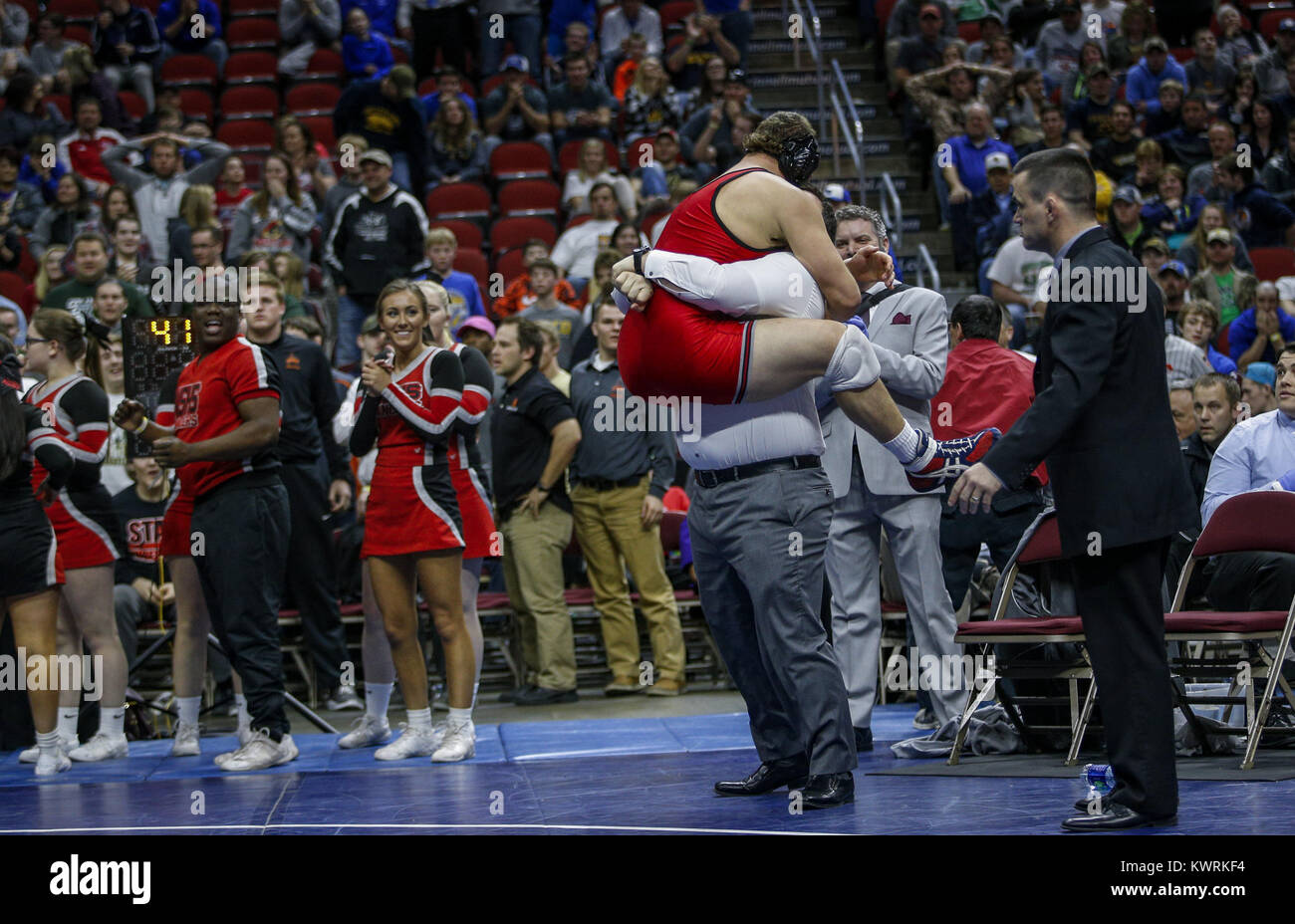 Des Moines, Iowa, USA. 18th Feb, 2017. North Scott's Wyatt Wriedt jumps ...