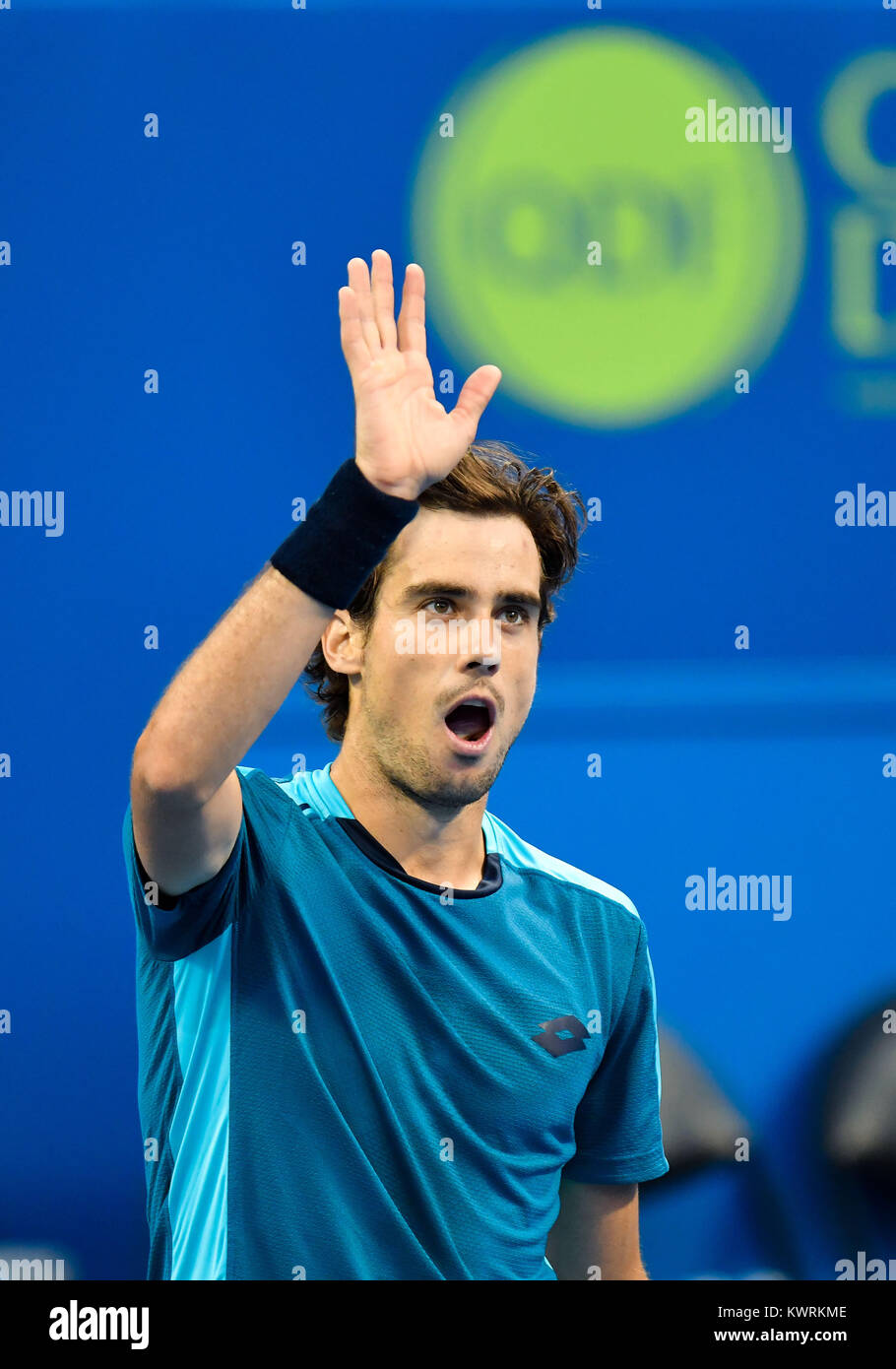 Doha, Qatar. 4th Jan, 2018. Guido Pella of Argentina greets the ...