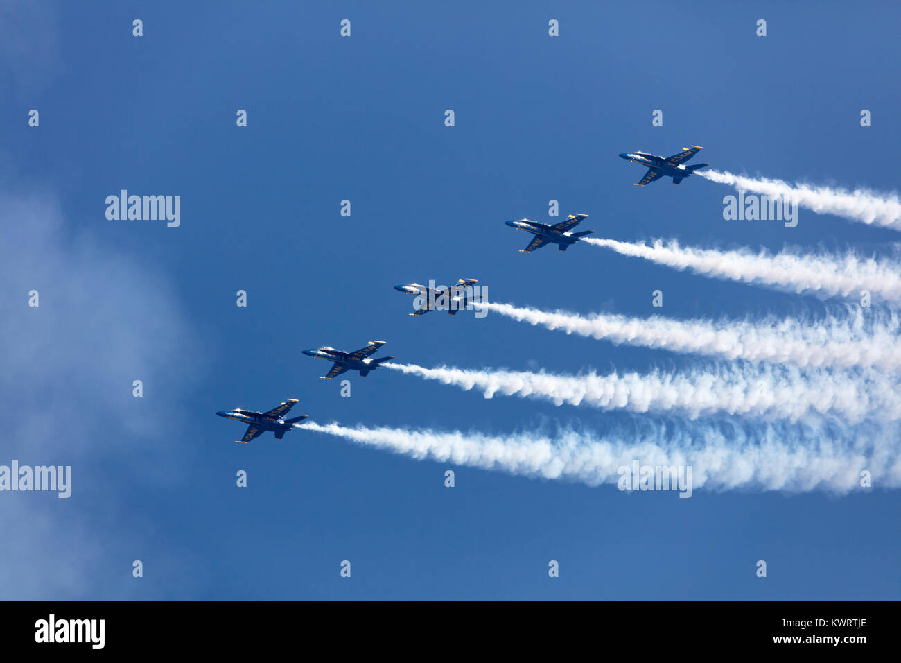 The Blue Angels F/A-18 Hornets fly in a tight formation at Chicago Air ...