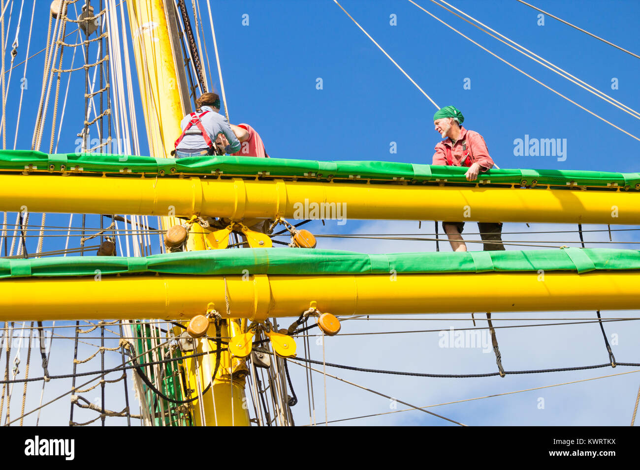 Crew of tall ship Alexander Von Humbolt 11 climb the rigging in Las ...