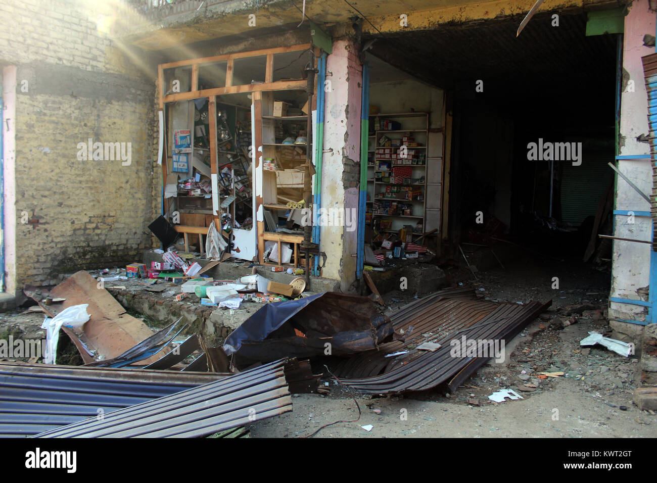 Srinagar,KASHMIR.06.JANUARY.A view of Damaged shop after.Bomb blast ...