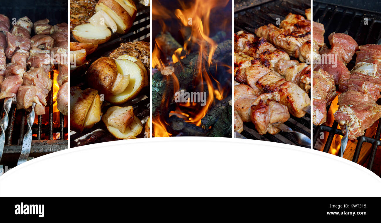 Grilled kebab cooking on metal skewer closeup. Roasted meat cooked at ...