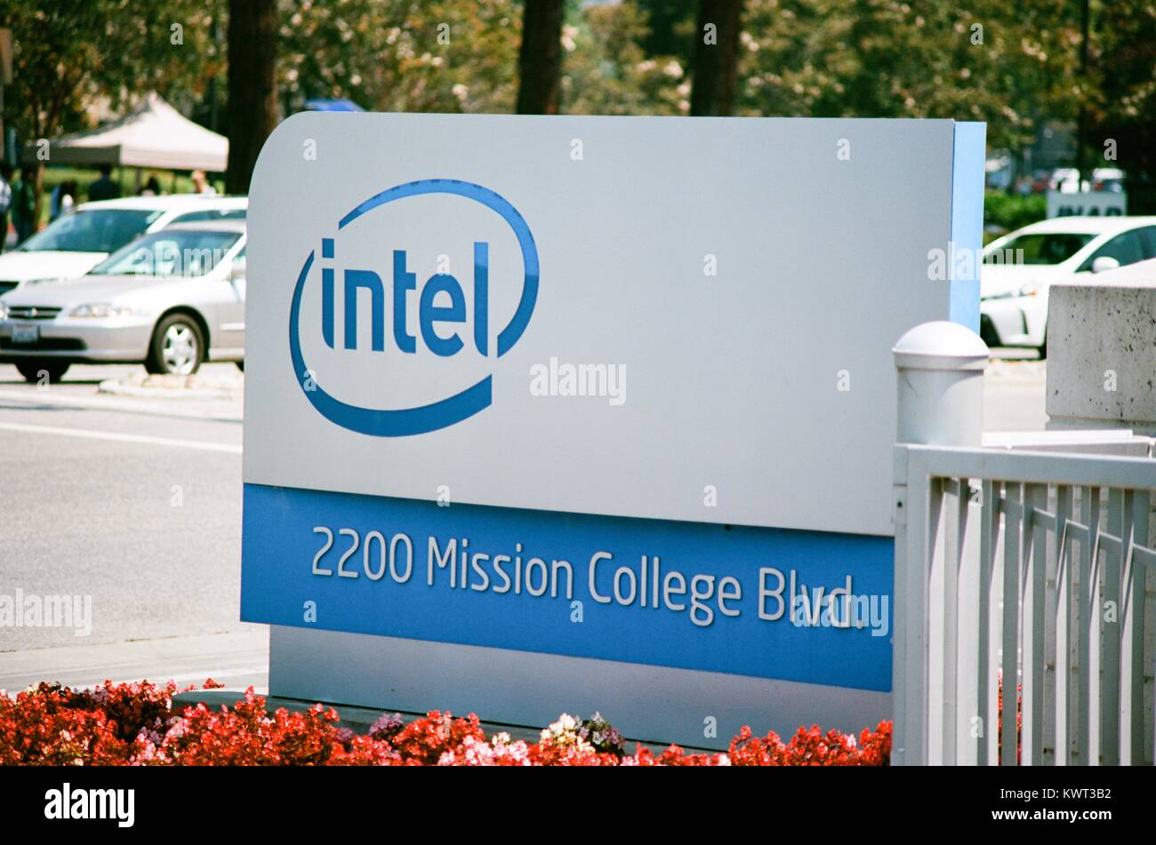 Signage with logo at the Silicon Valley headquarters of computer chip ...
