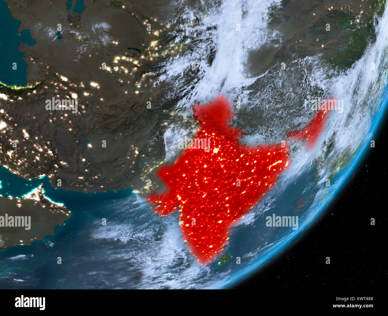 India from orbit of planet Earth at night with highly detailed surface ...