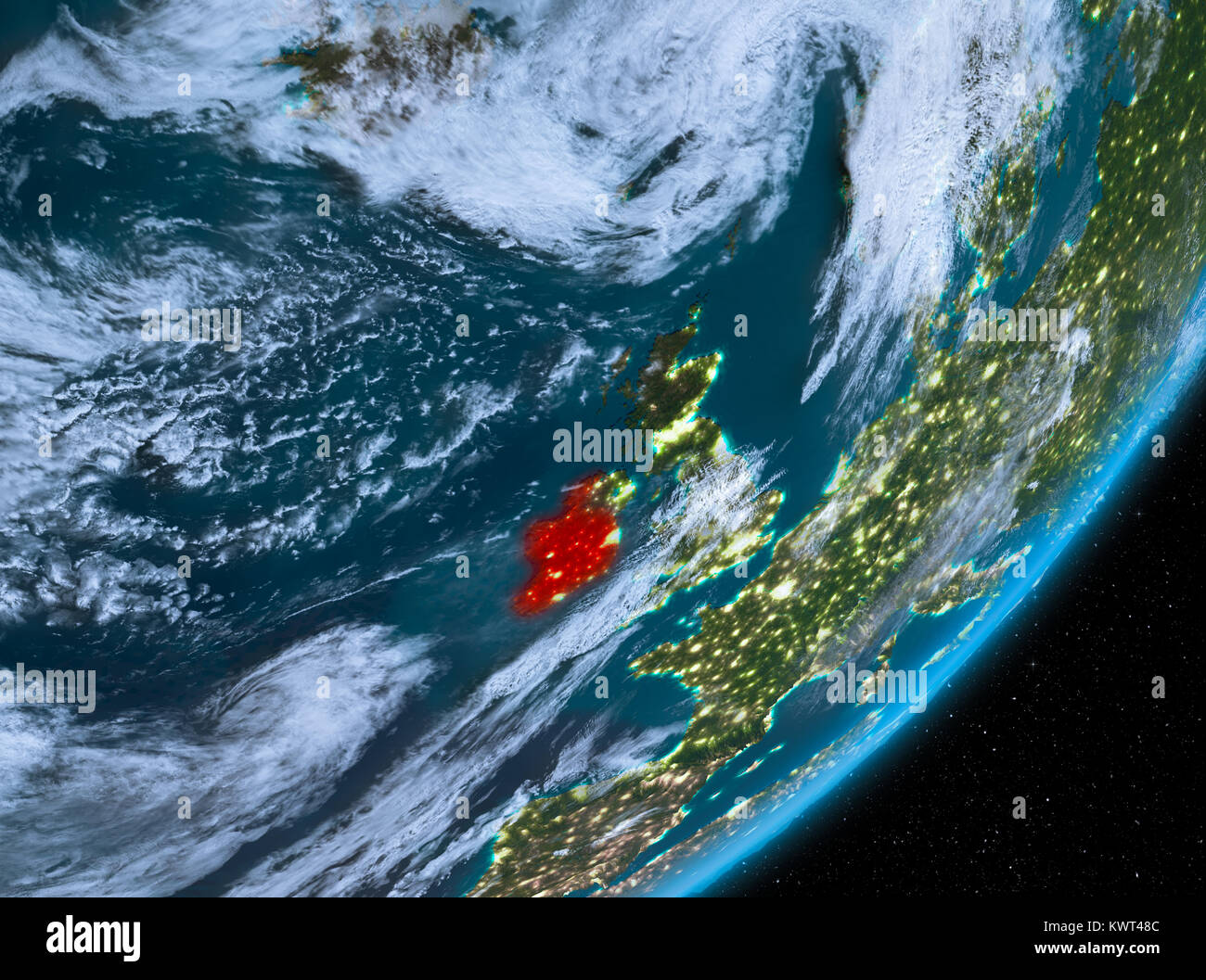 Ireland from orbit of planet Earth at night with highly detailed ...