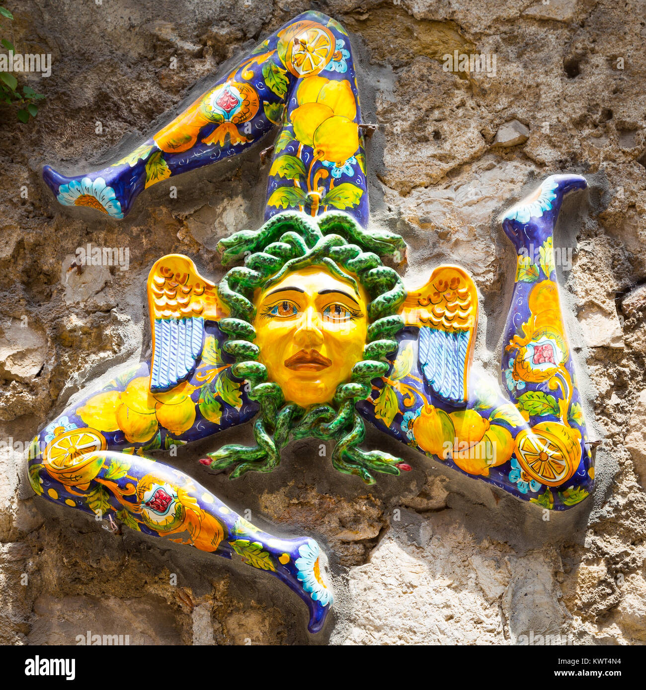 A typical ceramic Trinacria, the symbol of Sicily, hung along the ...
