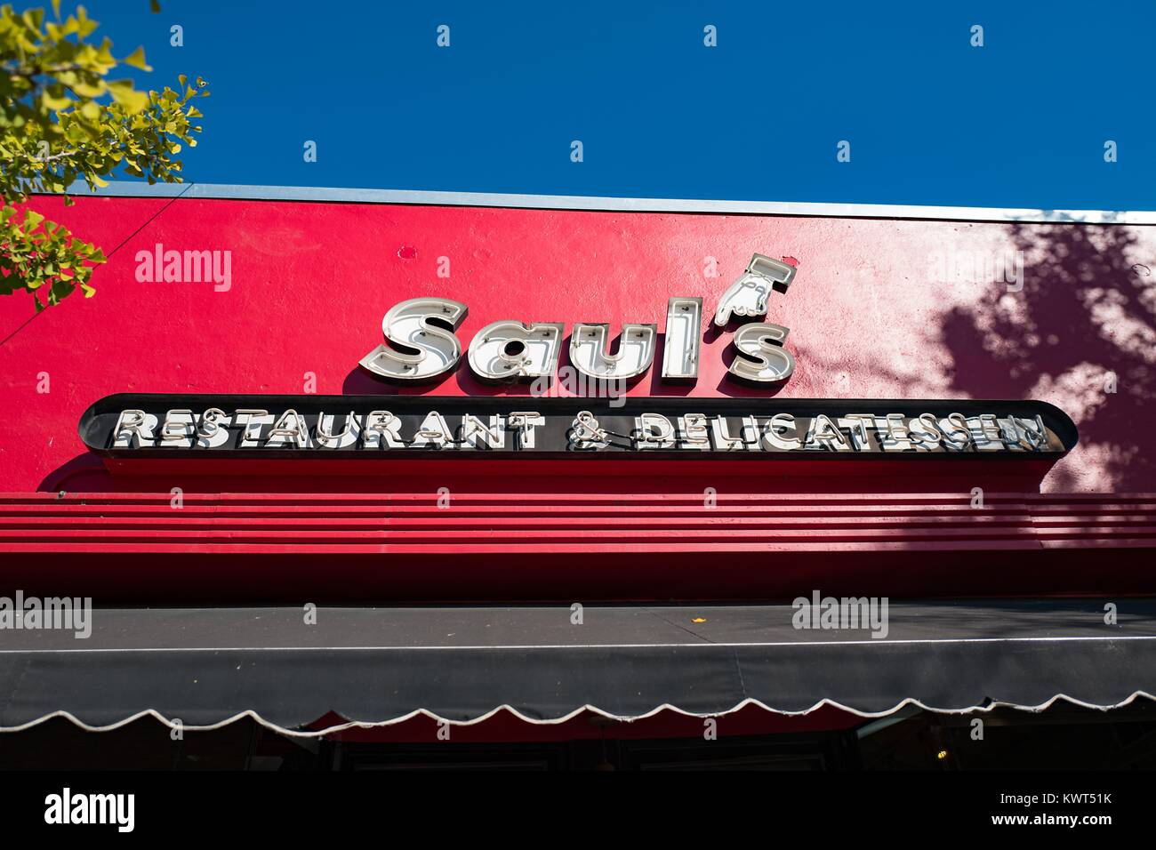 Sign for Saul's Deli, an iconic New York delicatessen style restaurant ...
