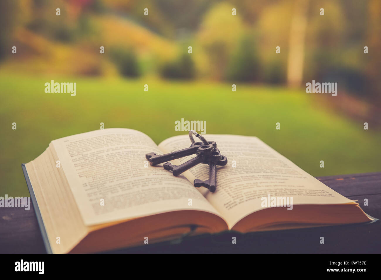 Vintage keys on a open book with colorful autumn background Stock Photo ...