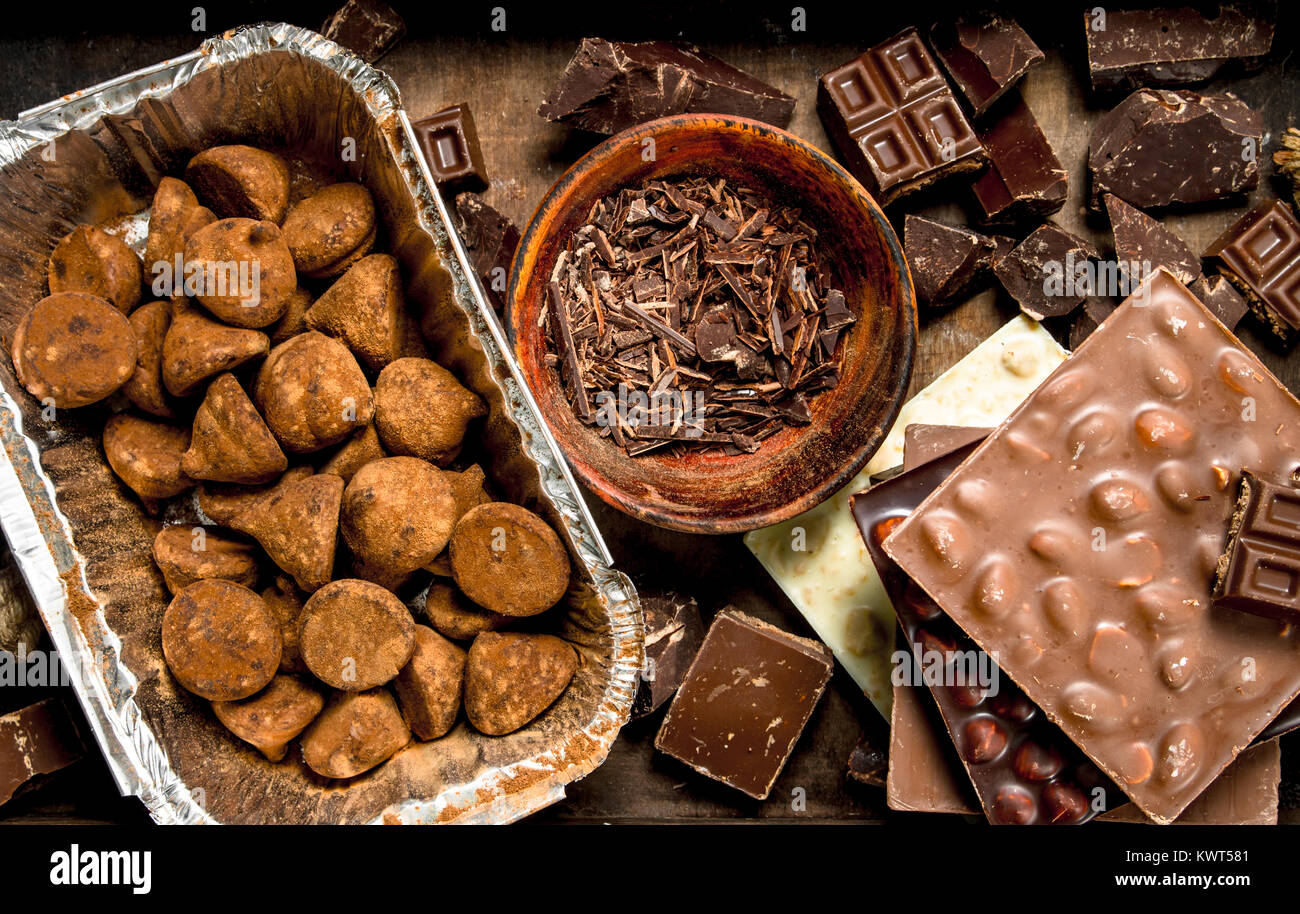 Different kinds of chocolate, truffles and chocolate chips Stock Photo ...