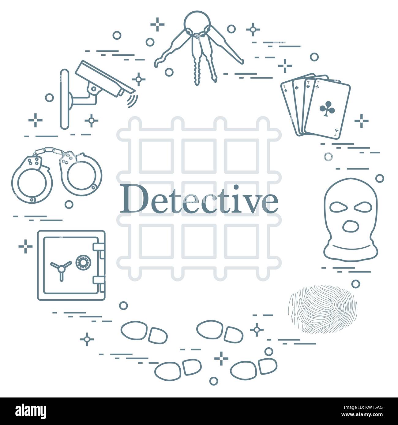 Criminal and detective elements. Crime, law and justice vector icons ...