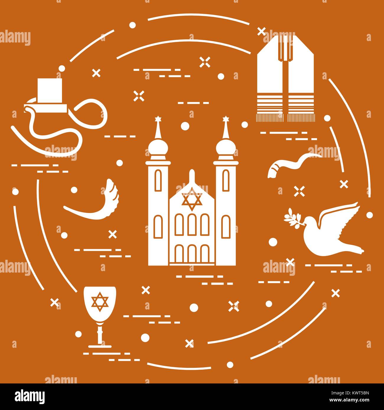 Jewish symbols: tfillin, synagogue, sheep's horn, dove, david's star ...