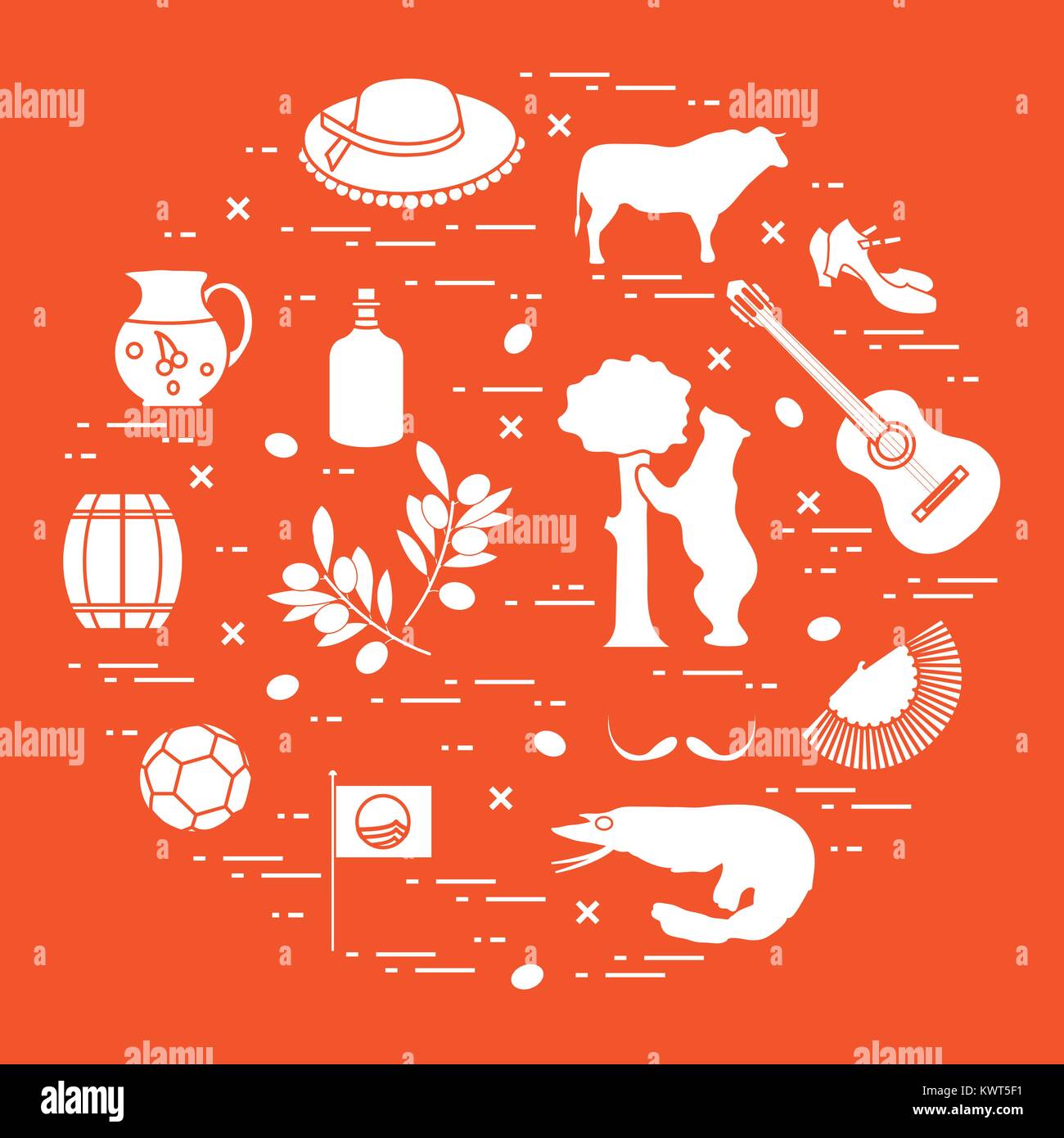 Vector illustration with various symbols of Spain arranged in a circle ...