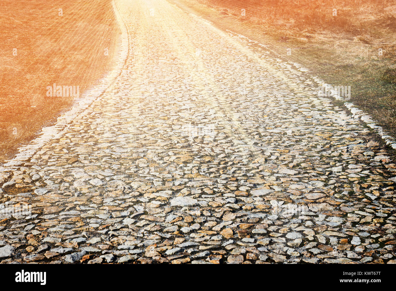 paving stone path goes away in the sunset Stock Photo - Alamy