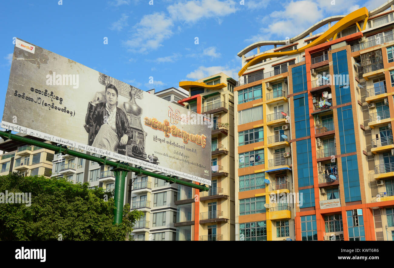 Yangon, Myanmar - Jan 14, 2015. Modern buildings at Yangon downtown ...