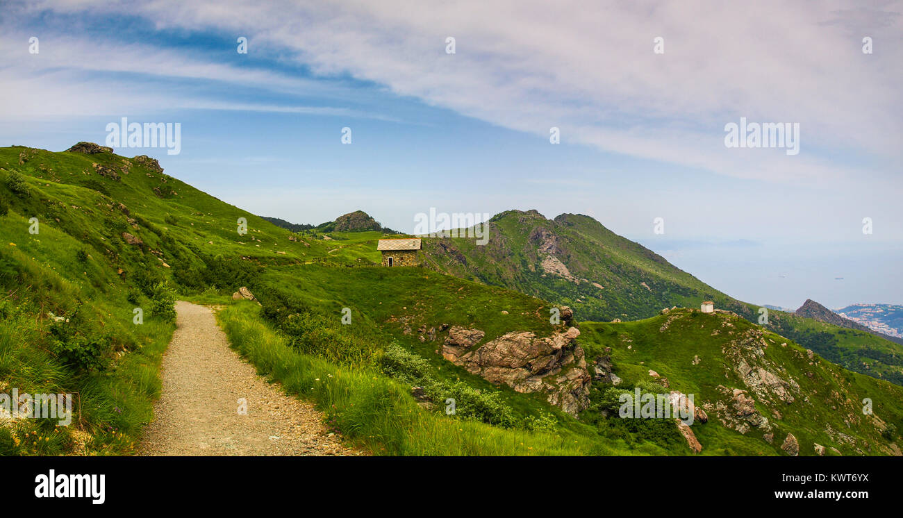 Alpine landscape panorama with refuge cabin in Beigua National Geopark ...