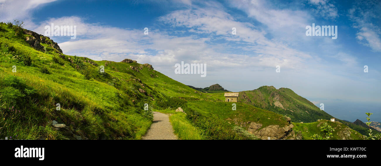 Alpine landscape panorama with refuge cabin in Beigua National Geopark ...
