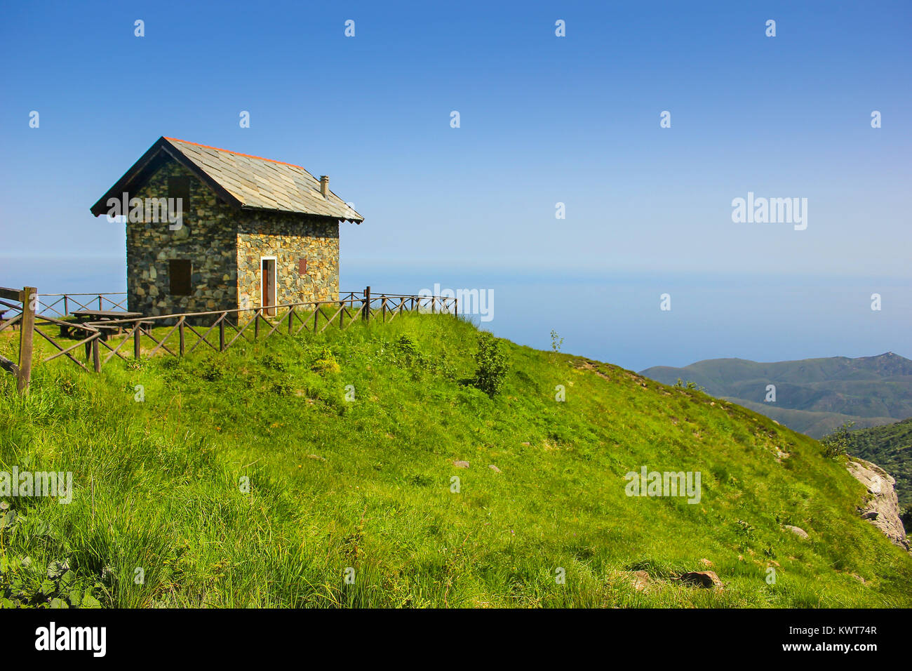 Alpine landscape panorama with refuge cabin in Beigua National Geopark ...