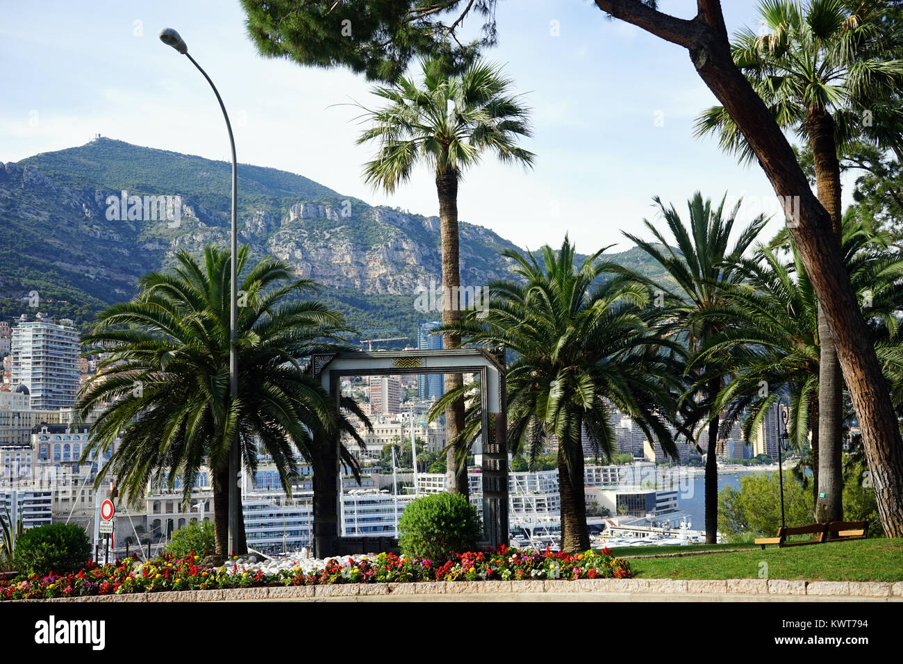 MONACO, MONACO - CIRCA JULY 2015 Bronze frame and palm trees Stock ...