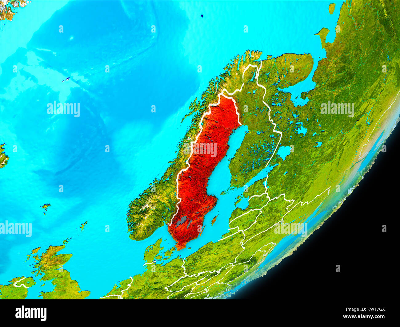 Map of Sweden in red as seen from space on planet Earth with white ...
