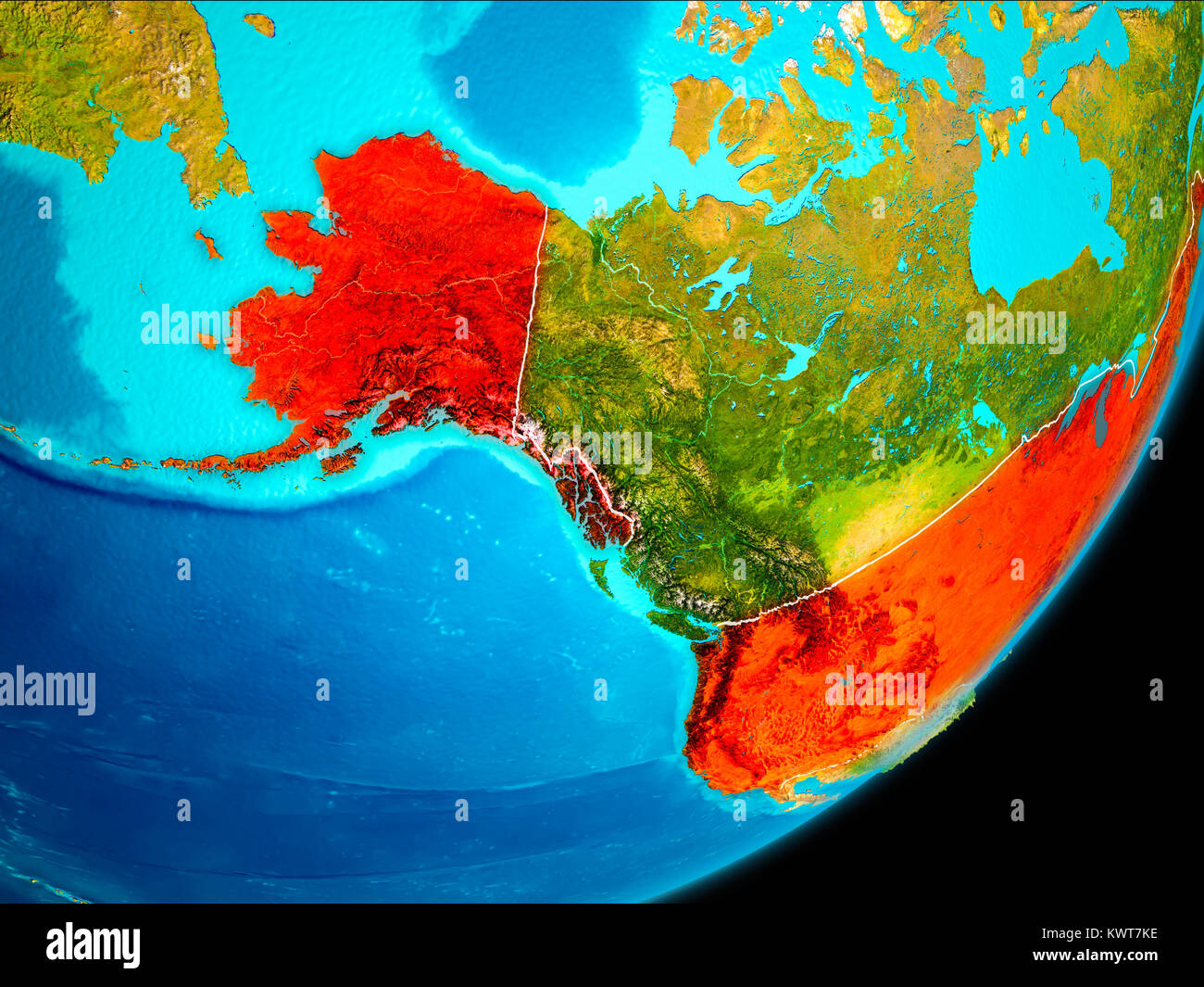 Map of USA in red as seen from space on planet Earth with white ...