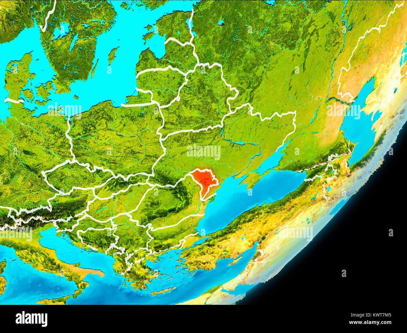 Map of Moldova in red as seen from space on planet Earth with white ...