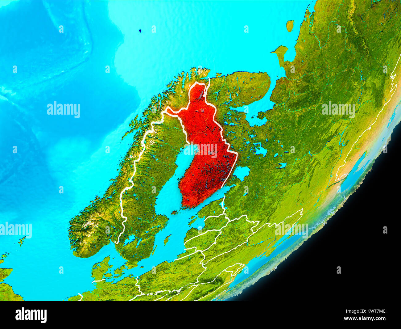 Map of Finland in red as seen from space on planet Earth with white ...