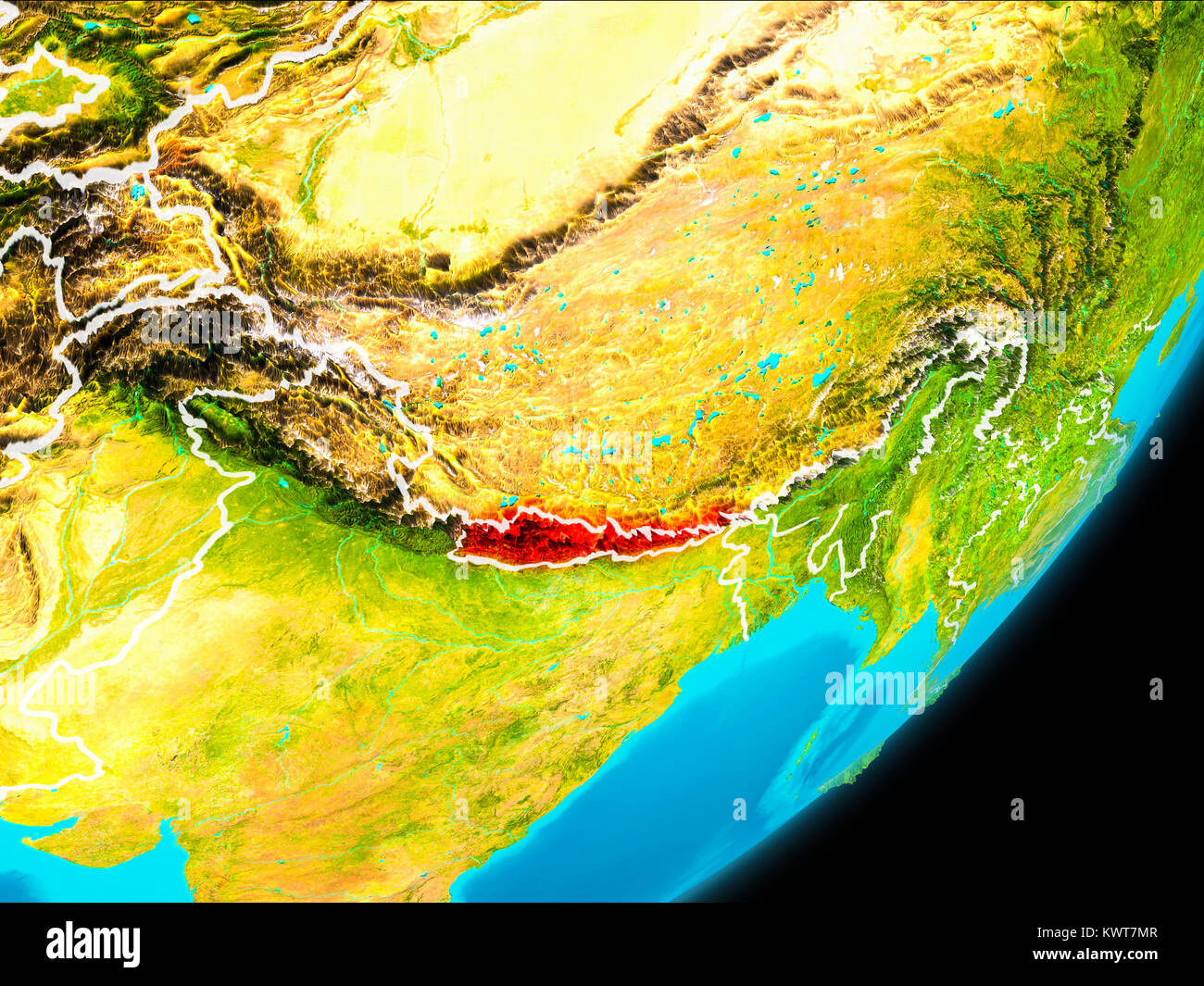 Map of Nepal in red as seen from space on planet Earth with white ...
