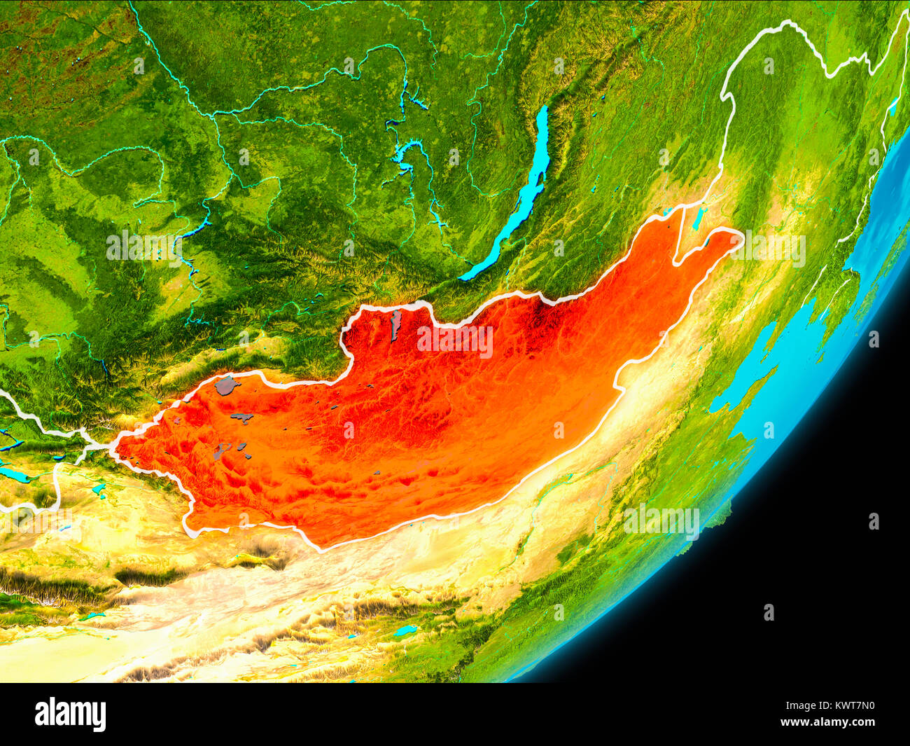 Map of Mongolia in red as seen from space on planet Earth with white ...