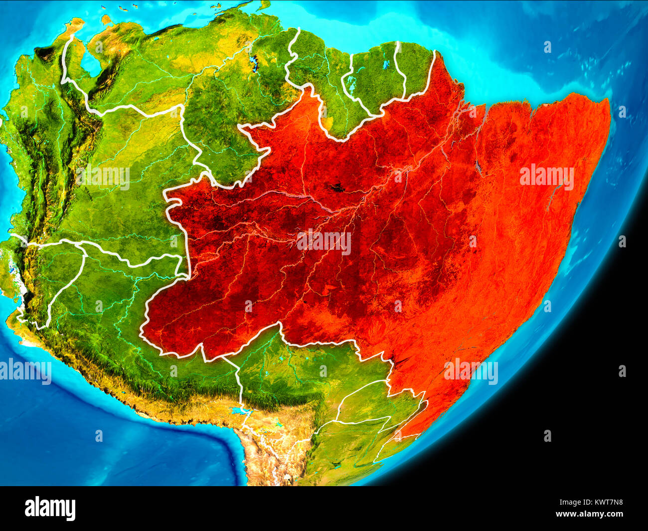 Map of Brazil in red as seen from space on planet Earth with white ...