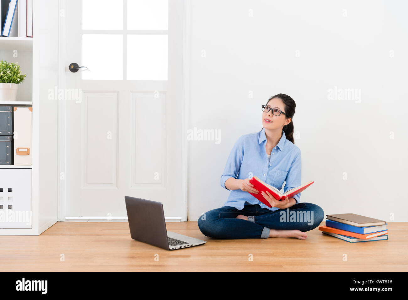 smiling elegant teacher woman thinking how to plan school teach work ...