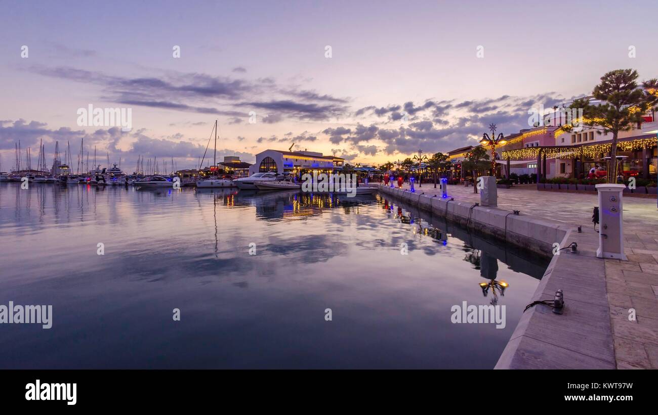Beautiful Marina in Limassol city Cyprus at dusk. A modern, high end ...