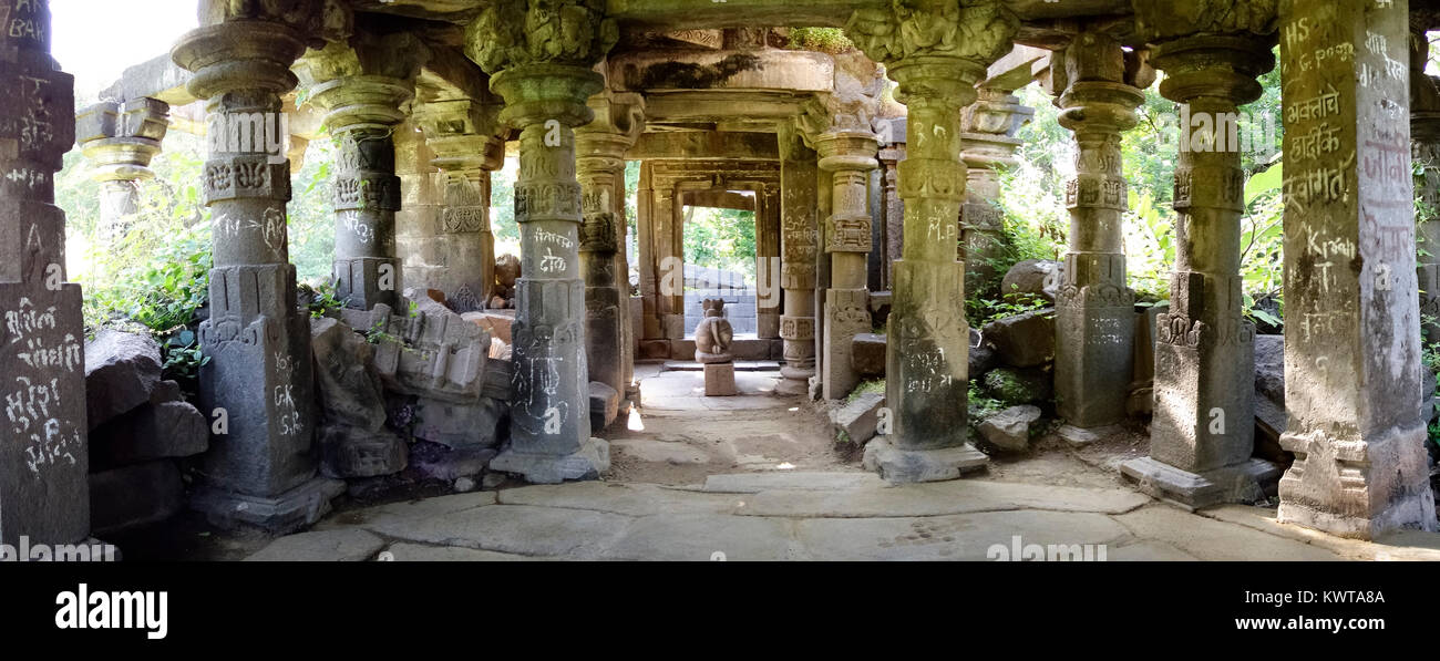 Empty, crumbling temple ruins along margin of Lonar Lake, Maharashtra ...