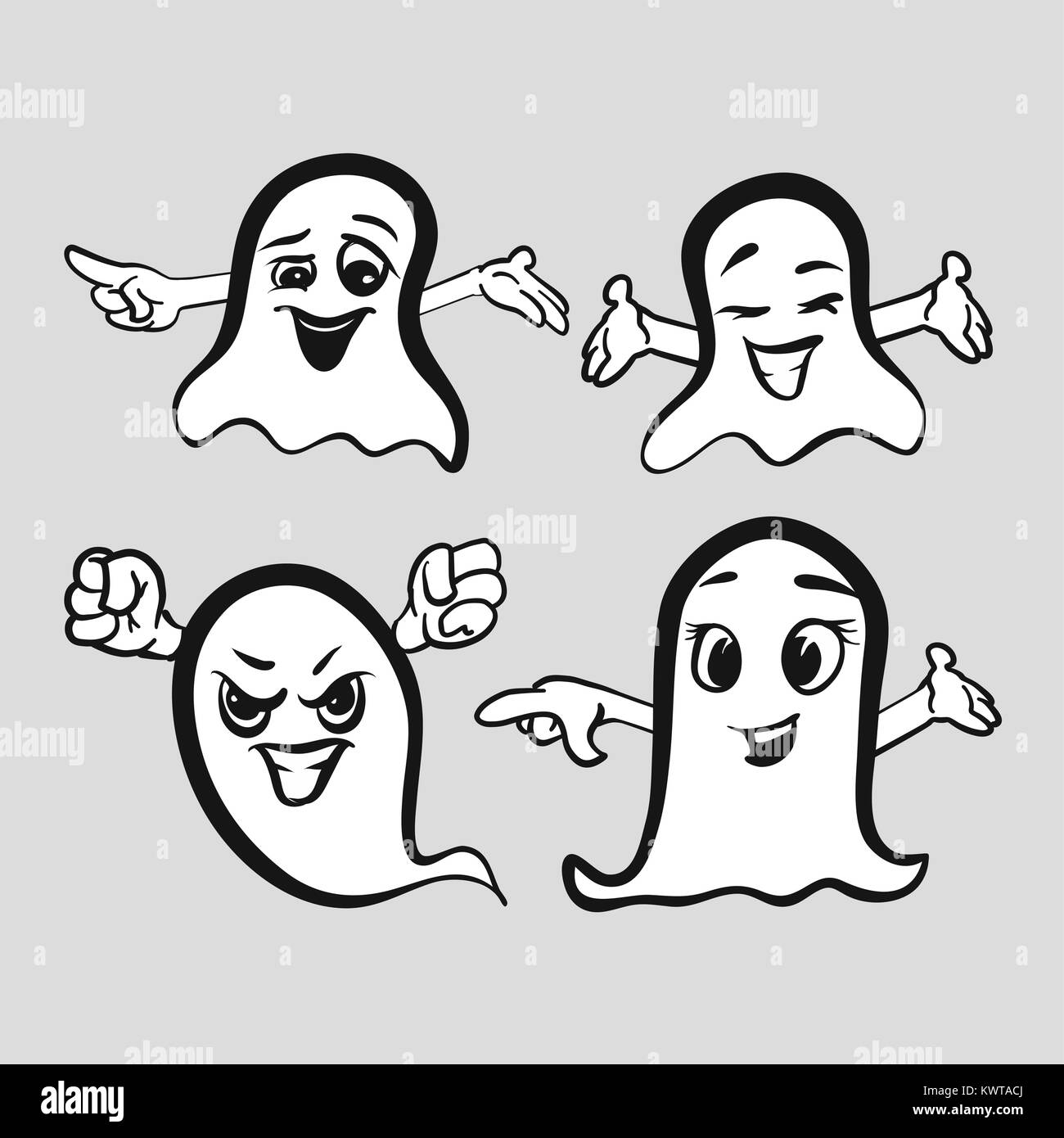 Set of emotional ghosts with hands. Sketched by hand. Party collection ...