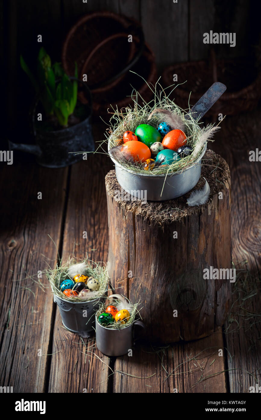 Various Easter eggs with hay and feathers on wooden shack Stock Photo ...