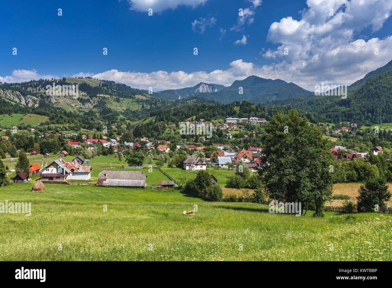 Stunning alpine landscape and green fields, Transylvania, Romania ...