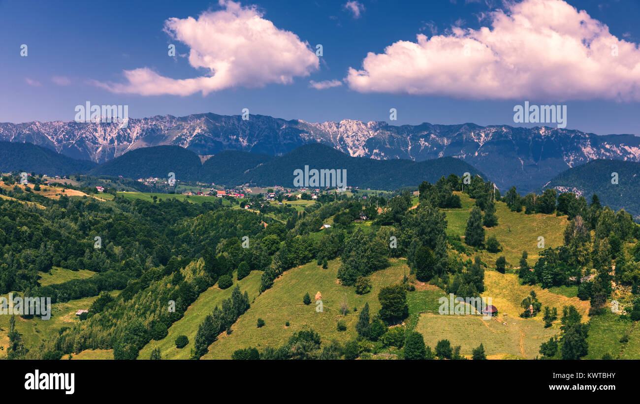 Summer alpine Transylvania landmark, landscape with green fields and ...