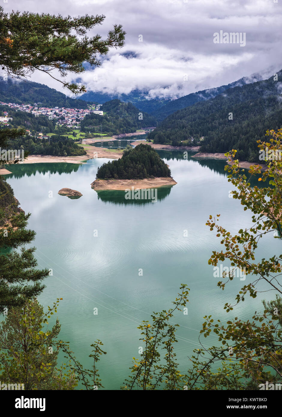 Panoramic view of lake of Centro Cadore in the Alps in Italy, Dolomites ...