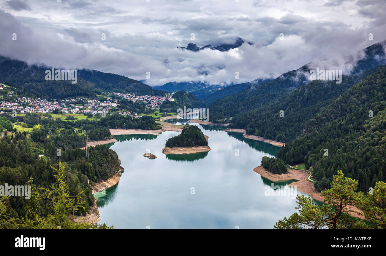 Panoramic view of lake of Centro Cadore in the Alps in Italy, Dolomites ...